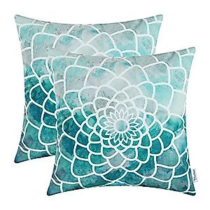 Pack of 2 CaliTime Cozy Fleece Throw Pillow Cases Covers for Couch Bed Sofa Manual Hand Painted Print Colorful Dahlia Compass 20 X 20 Inches Teal