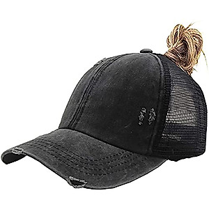 KKMKSHHG Criss Cross Baseball Caps, Women Ponytail Mesh Hat Distressed High Messy Bun Trucker Ponycap Black