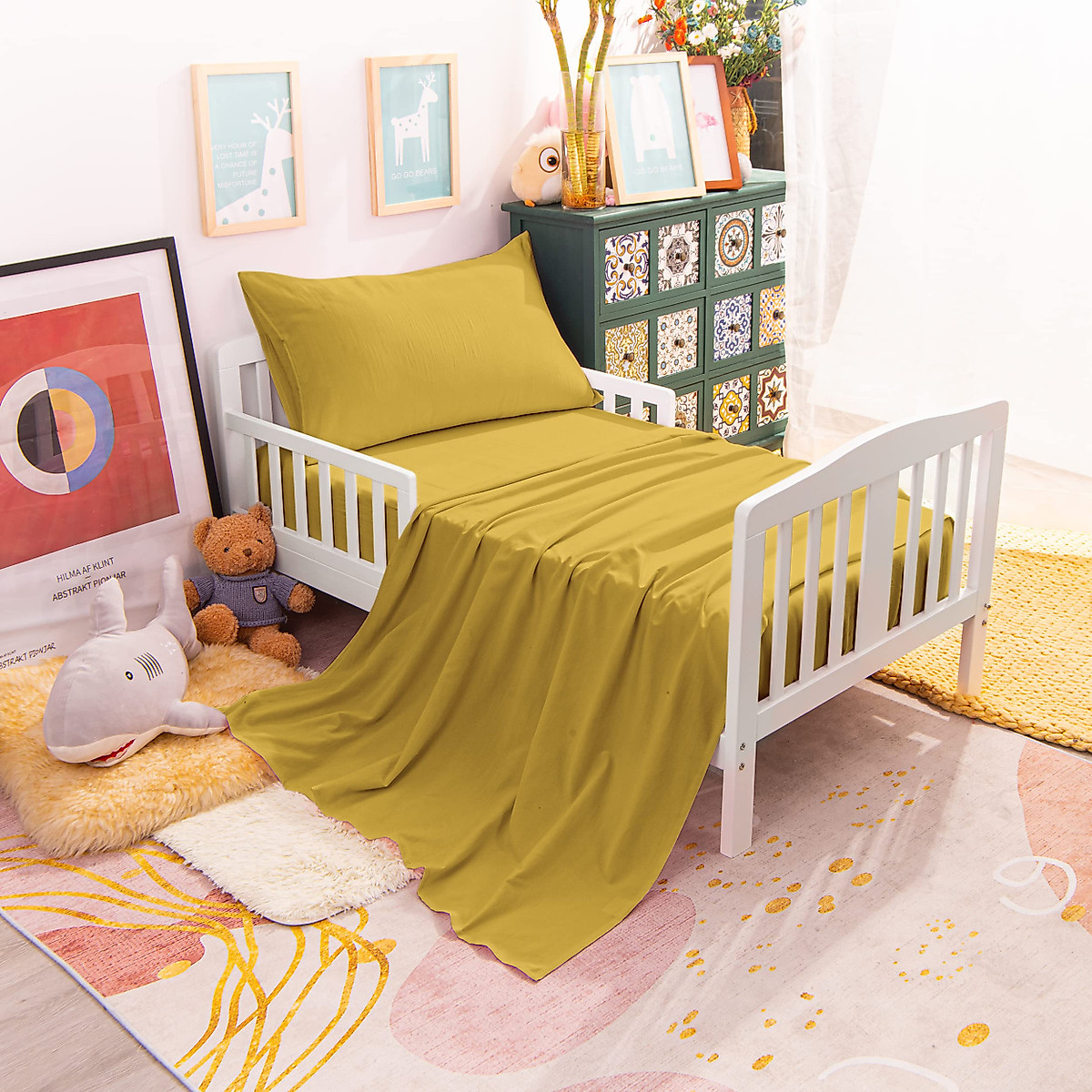 NTBAY Toddler Bedding Set - 4 Piece Soft and Breathable Crib Bedding Set for Boys and Girls, Includes Quilted Comforter, Fitted Sheet, Flat Top Sheet and Envelope Pillowcase, Yellow