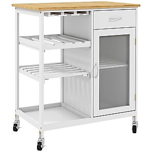 HOMCOM Rolling Kitchen Island with Storage, Kitchen Cart with 4-bottle Wine Rack, Bar Cart with Stemware Holder, Shelves, Drawer and Cabinet, White