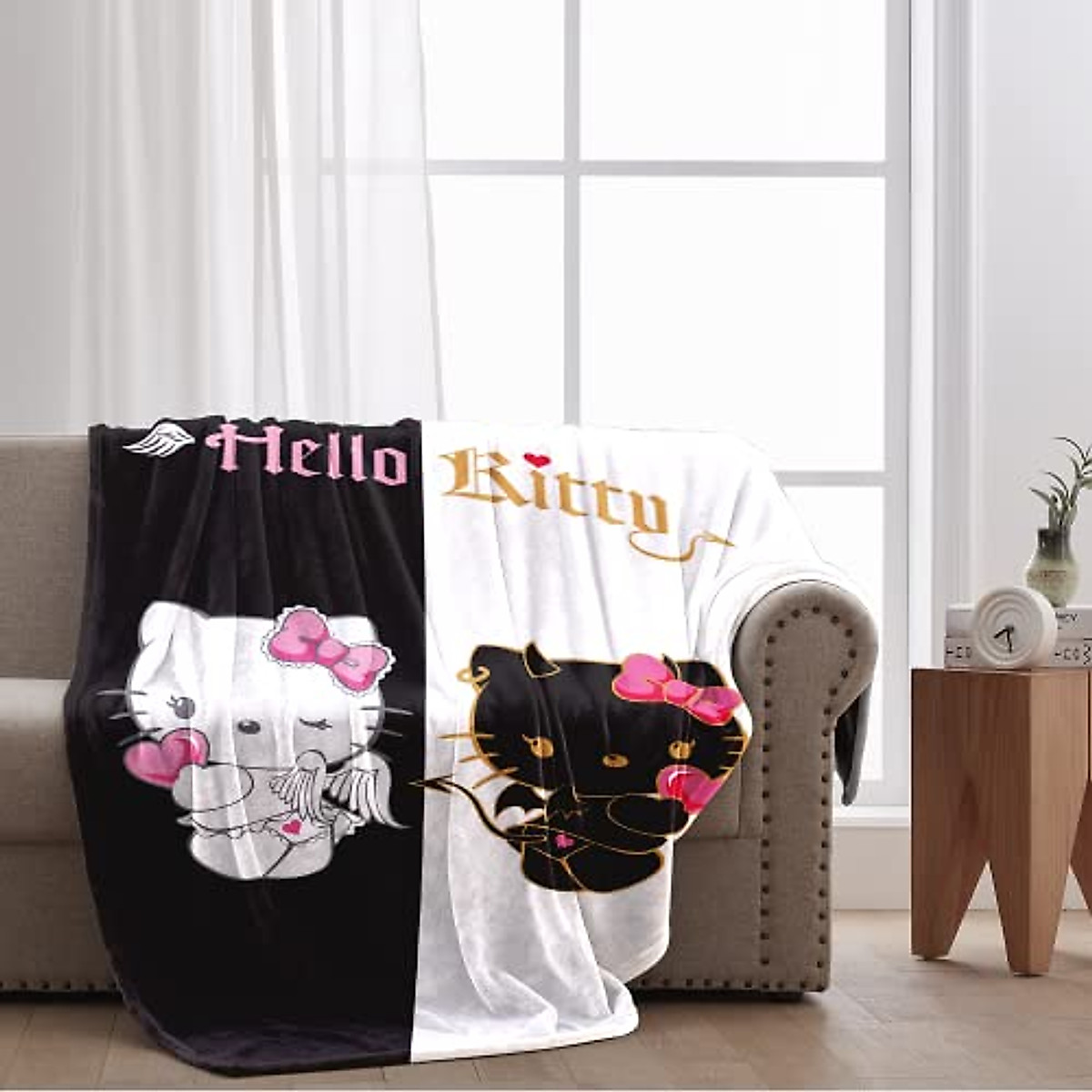 Cute Blanket Flannel Fleece Throw Blankets Hello Cat Throw Blanket Cartoon Blanket for Bed & Sofa 60"X50"