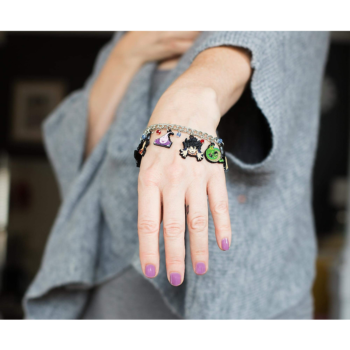 Toynk Dragon Ball Z Character 15-mm Silver-Toned Charm Bracelet | Includes 8 Unique Enamel Pendant Charms | Goku, Vegeta, Piccolo, And More | Fashionable Anime Manga Wrist Jewelry Accessories