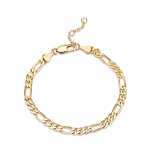 PAVOI 14K Gold Plated Paperclip/Curb/Figaro Chain Adjustable Bracelet for Women (Figaro-L, Yellow Gold Plated)