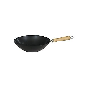 Dexam 12108411 Non Stick Carbon Steel Wok With Wood Handle 27cm/10.5 -inch, Black (Non-stick Coating)
