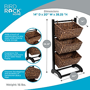 BIRDROCK HOME 3-Tier Abaca Storage Organizer Shelf with Solid Wood Frame - Durable Handwoven Abaca Fiber Baskets - Ideal for Organizing Living Rooms, Bedrooms, or Kitchens - Brown Wash, Espresso