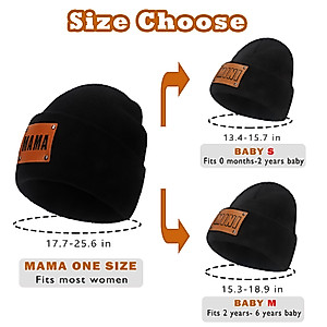 2PCS Parent-Child Beanie Hat Mama and Mini Leather Patch Knitted Hat Winter Warm Cuffed Ski Cap Black
