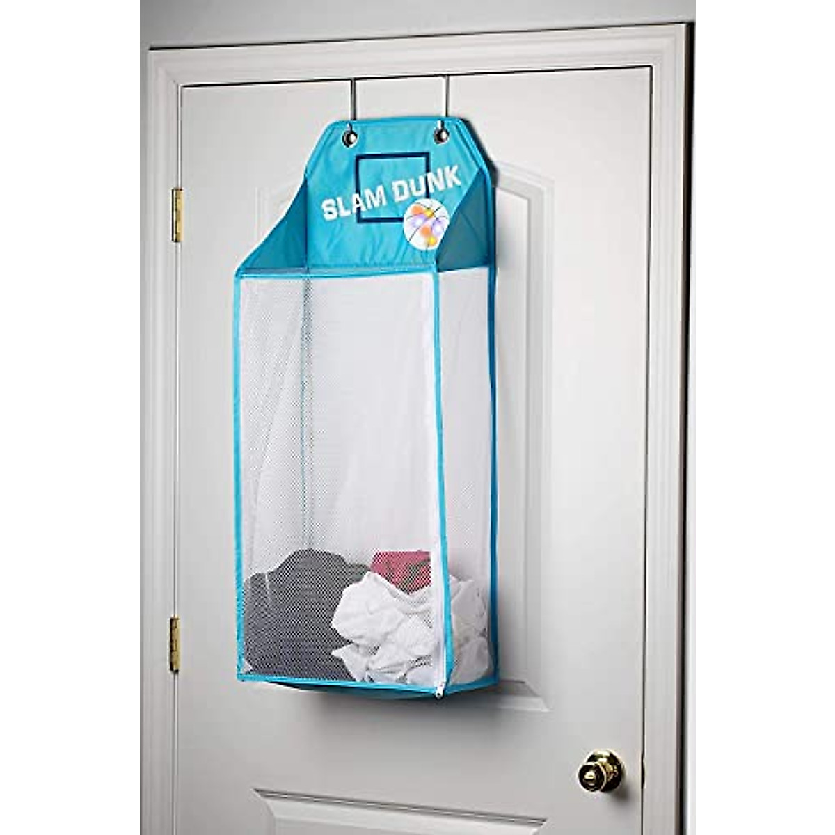 Store & Score Over The Door Hanging Kids Fun LED Basketball Light-Up Collapsible Mesh Laundry Hamper Basket, Toy Chest, Heavy Duty Metal Hooks Included. Patent Pending