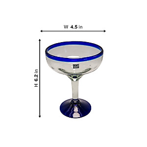 EMPORION Set of 4 Hand-Blown Margarita Glasses from Mexico with Cobalt Blue Rim - Rustic & Handcrafted Recycled Bubble Glass Drinking Glassware - 14 Oz