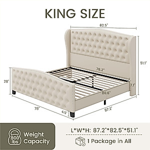 LARMACE King Bed Frame Upholstered Platform Bed with Wingback Headboard & Footbaord Velvet Beds Deep Button Tufted Beds Frames with Wood Slats Support, No Box Spring Needed, Beige