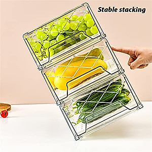 GuoTcusy Fridge Organizer Bins, Pantry Organization and Storage, Plastic Stackable Drawer Container with Removable Drain Tray for Kitchen, Refrigerator and Cabinets (2 PACK, 12.6"L x 8.1"W x 4.3"H)