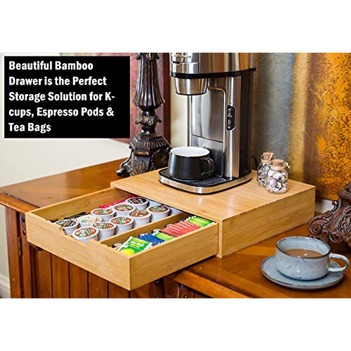 Bamboo Land- Bamboo K Cup Holder, 4 Adjustable Dividers, 36 K Cup Pod Storage, Coffee Pod Drawer, Coffee Pod Holder, Coffee Pod Organizer, Kcup Holder, K Cup Holders for Counter, Coffee Pods Holder