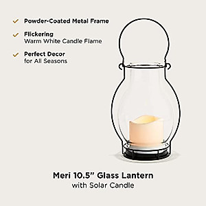 Black Outdoor Lantern with Solar Candle - 10.5 Inch Tall, Metal & Glass, Round Hurricane Style, Waterproof, Battery Included, Solar Powered Decorative Patio Lantern for Modern Home Decor