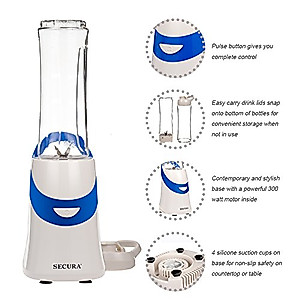 Secura 300W Personal Blender for Shakes and Smoothies | Stainless Blade | 2 (20 oz) Single Serving Bottles with Travel Lids
