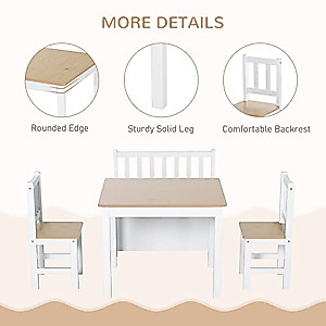 Qaba 4-Piece Kids Table Set with 2 Wooden Chairs, 1 Storage Bench, and Interesting Modern Design, Natural/White