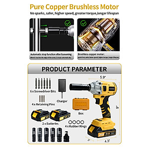 SKOVENSY Cordless Impact Wrench 258Ft-lb（350N.m）, 1/2 Impact Gun, 2 Batteries, Pistola de Impacto, with 5 Sockets, Electric Impact Driver for Car Tires and Home YELLOW
