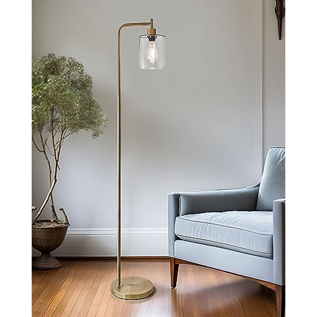 Oneach 66.5 '' Industrial Floor Lamp for Living Room Modern Standing Lamps with Hanging Clear Glass Shade Reading Tall Pole Lamp for Bedroom Office Study Room AB Antique Brass（Bulb Included）