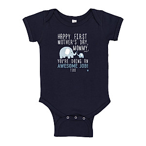 Mothers Day Bodysuit Custom Name Gifts Happy First Mothers Day Blue Elephant Bodysuit 12 Months Navy