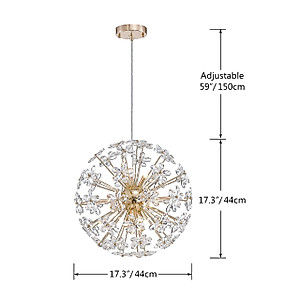 Shrine LIGHTING Dandelion Crystal Chandeliers, Modern Design, Firework Pendant Light Fixture for Living Space, H17'' x D17'', Adjustable Chains 59'', G9*9 Sockets, Brilliant Gold Finish Frame