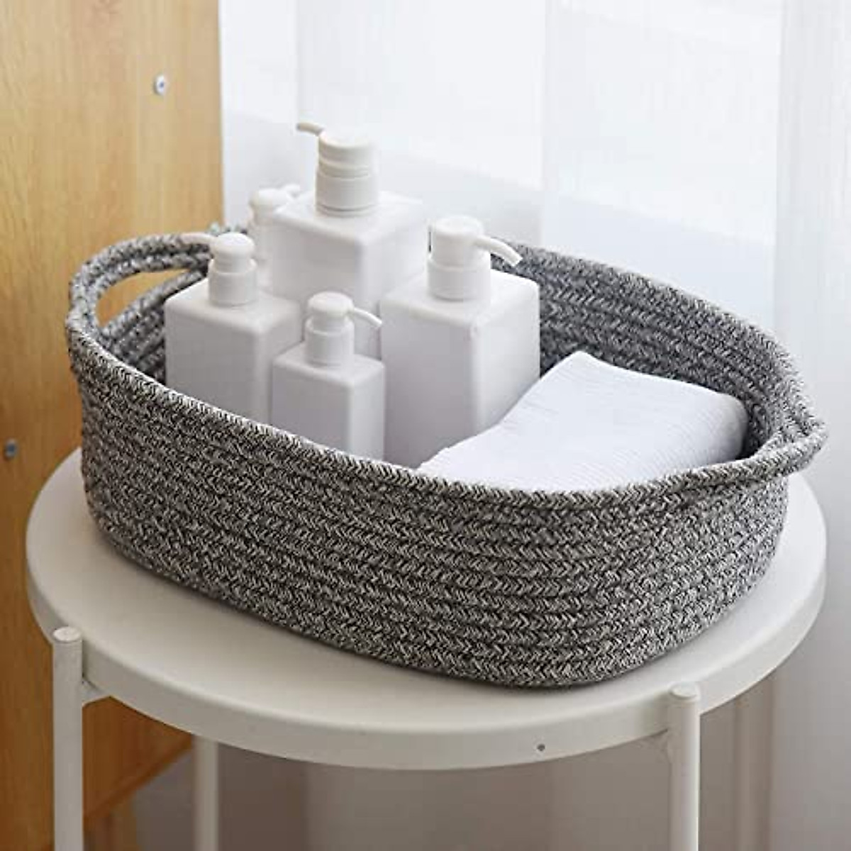Woven Cotton Rope Storage Basket, Cube Changing Table Organizer for Closet Towels, Baby Nursery Bin, Small Dog Cat Toy Box, Gift Baskets empty (14.5"x 11"x 5") by CIKI HOME