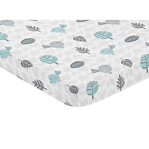 Sweet Jojo Designs Turquoise Blue, Gray and White Bird Baby Boy or Girl Unisex Fitted Mini Portable Crib Sheet for Earth and Sky Collection - for Mini Crib or Pack and Play ONLY