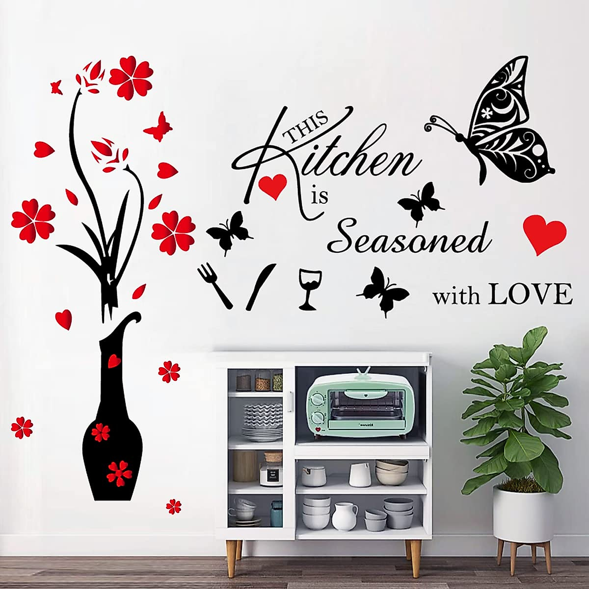 Kitchen Wall Decor Stickers Kitchen Quotes this Kitchen is Seasoned with Love Red Heart Butterfly Wall Sticker Removable Wall Decals Vase Wall Art Sticker for Dinning Room Kitchen Restaurants Home