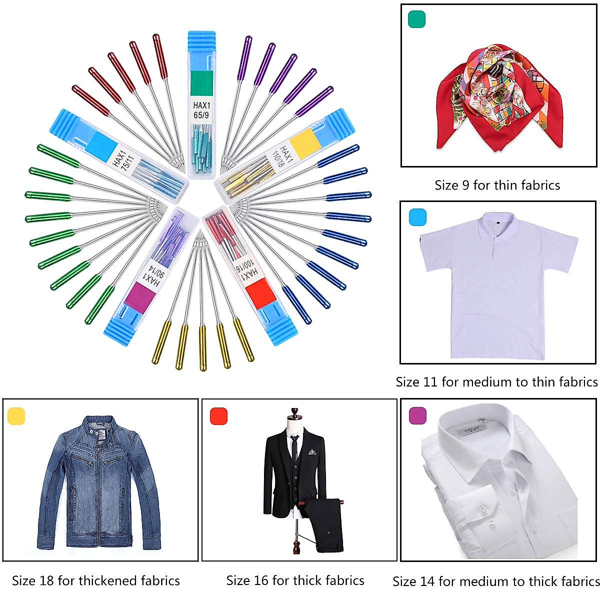 60 Pieces Sewing Machine Needles Universal Regular Point Machine Needles for Singer, Brother, Janome, Varmax with Size in HAX1 65/9, 75/11, 90/14, 100/16, 110/18 (5 Colors)