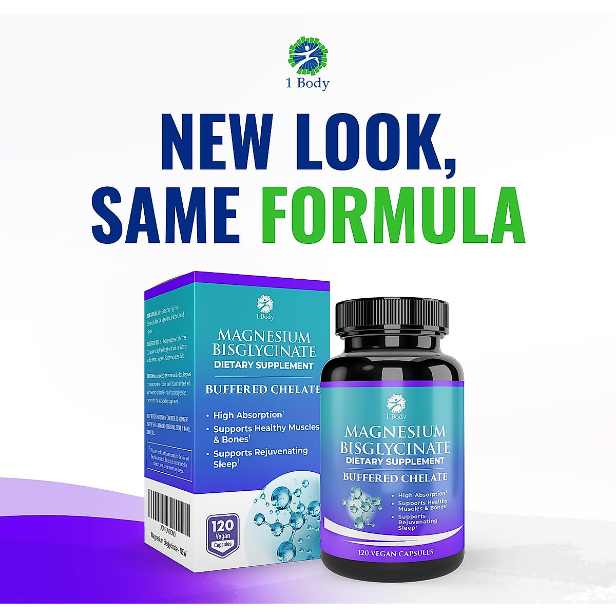 1 Body Magnesium Bisglycinate Supplement, 44 mg Pure Chelated Formula, 120 Capsules, Maximum Absorption, Muscle Cramp Relief