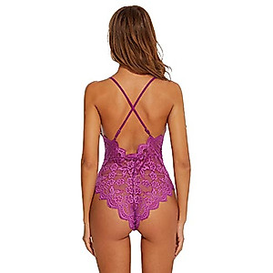 ADSEXY Lace Bodysuit for Women Sexy Eyelash Lingerie Teddy Nightwear Deep V Babydoll One Piece Chemise Boudoir Outfits Purple
