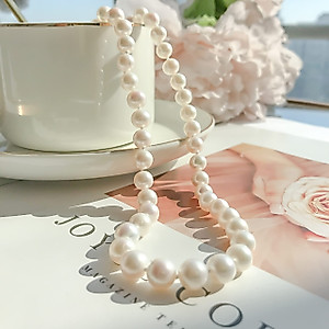 Freshwater Cultured Pearl Set Jewelry for Women Includes Pearl Bracelet, Stud Earrings and Drop Dangle Earrings High Luster AAA Quality Genuine Round White Pearl Strand Necklace Set Mother