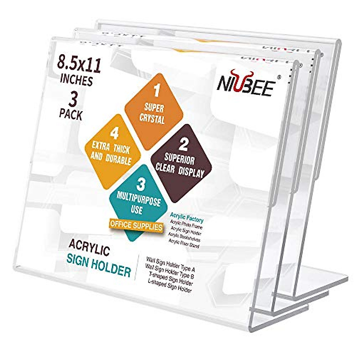 NIUBEE Acrylic Sign Holder 8.5x11 Inches 3 Pack Landscape, Slant Back Clear Paper Frames, Plastic Flyer Display Holder, Document Menu Table Stand for Office, Store, Restaurant -Horizontal