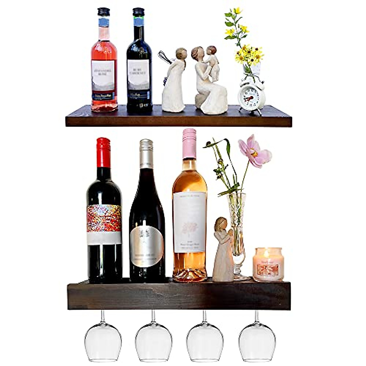 Wine Glass Holder Wall Mounted- Rustic and Compact 17 inch Floating Wine Glass Shelf and Wine Rack Comes with Sturdy hardwares. Made of Real Wood in a Brown Walnut Finish, 2 Tiers.
