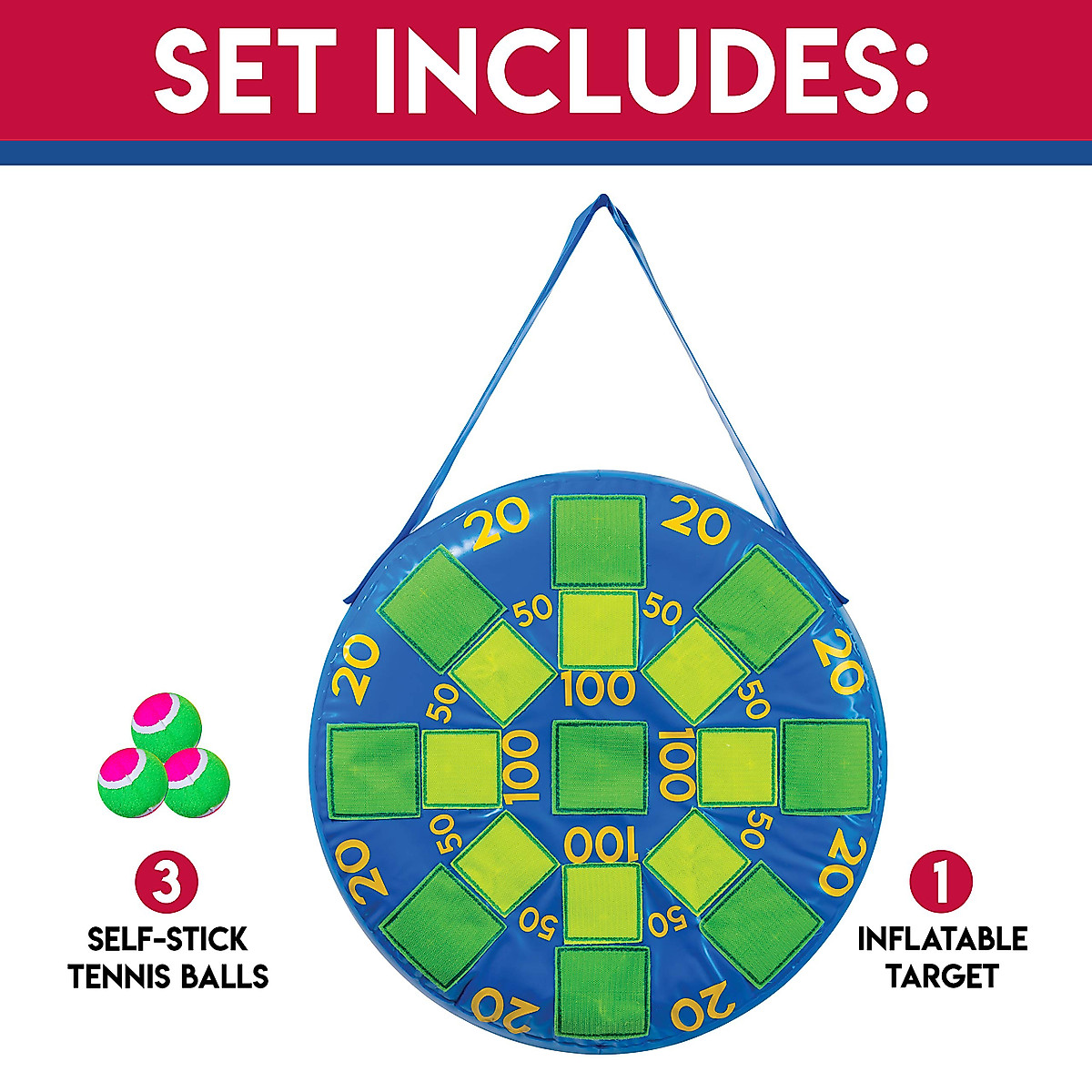 Franklin Sports Kids Tennis Ball Dartboard Game - Inflatable Dart Ball Game Set with (3) Self Stick Tennis Ball - Fun Indoor + Outdoor Tennis Toss for Kids - 20" x 20"