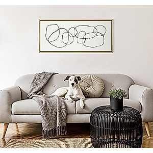 Kate and Laurel Sylvie Dancing Circles Framed Linen Textured Canvas Wall Art by Teju Reval of SnazzyHues, 18x40 Gold, Neutral Abstract Wall Decor