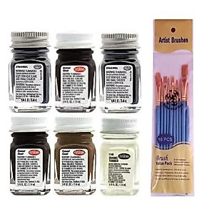 Make Your Day Testors Black Enamel Paint Variety, Flat Black, Gloss Black, Semi-Gloss Black, Black Metallic, Flat Rubber, and Thinner 1/4 fl oz (Pack of 11) Brushes