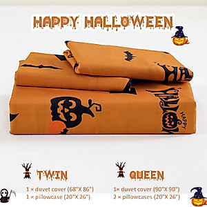 Xruibed Halloween Duvet Cover Set King Pumpkin Bat Orange Bedding Duvet Cover Set 3 Pieces Halloween Duvet Cover with 2 Pillowcases Funny Halloween Comforter Cover Set for Kids Teens 104"x90"