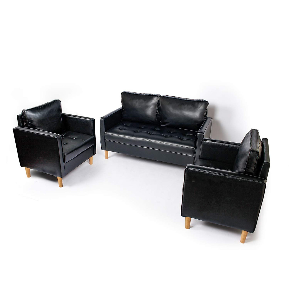 VAMEPOLE Black Leather Sectional Sofa Couch 3 Pieces, Loveseat and Accent Chair Stitching Tufted Cushion Suitable for Small Space, Office, Meeting Room, Living Room Furniture Sets