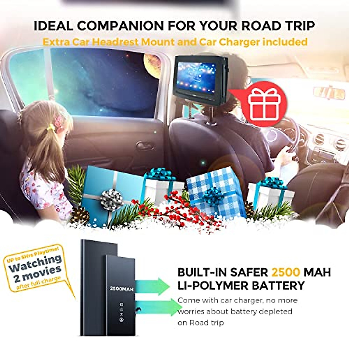 MYDASH 12.5" Portable DVD Player, Car DVD Player for Kids with 10.5" HD Swivel Screen, 5 Hrs Rechargeable Battery, Support CD/DVD/SD Card/USB, Car Headrest Mount Case, Car Charger, Region Free, Black