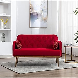 55" Small Velvet Couch with Elegant Moon Shape Pillows, Twin Size Loveseat Accent Sofa with Golden Metal Legs, Living Room Sofa with Tufted Backrest, 600 Pounds Weight Capacity (Red)
