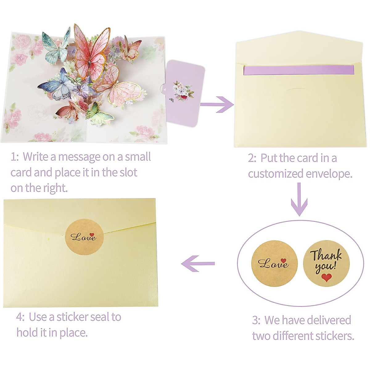 PQZKLDP 3D Pop-up Butterflies Greeting Card in Natural with Envelope and Note Tag Birthday-Anniversary-Wedding-Thank You- Gift Card All Occasion (Pink)