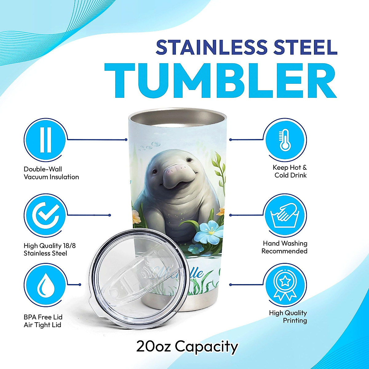 Hyturtle Personalized Gifts Manatee Lover - My Spirit Animal Is A Manatee Custom Name Stainless Steel Tumbler 20 oz With Lid - Idea Cute Sea Animal Lover Gifts For Women, Girl On Birthday, Christmas