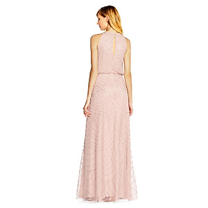 Adrianna Papell Womens Art Deco Beaded Blouson Dress with Halter Neckline, Blush, 16