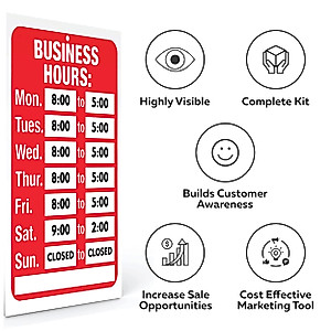 Open Signs, Business Hours Sign Kit - Bright Red and White Colors - 7.7 x 11.7 Inch - Includes 4 Double Sided Adhesive Pads and Black Number Sticker Set - Ideal Hours Of Operation Signs for Business, Store or Office