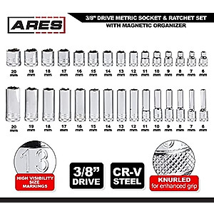 ARES 47004-32-Piece 3/8-inch Drive Metric Socket and 90-Tooth Ratchet Set with Magnetic Organizer - Sizes 6mm to 20mm Deep and Shallow Sockets