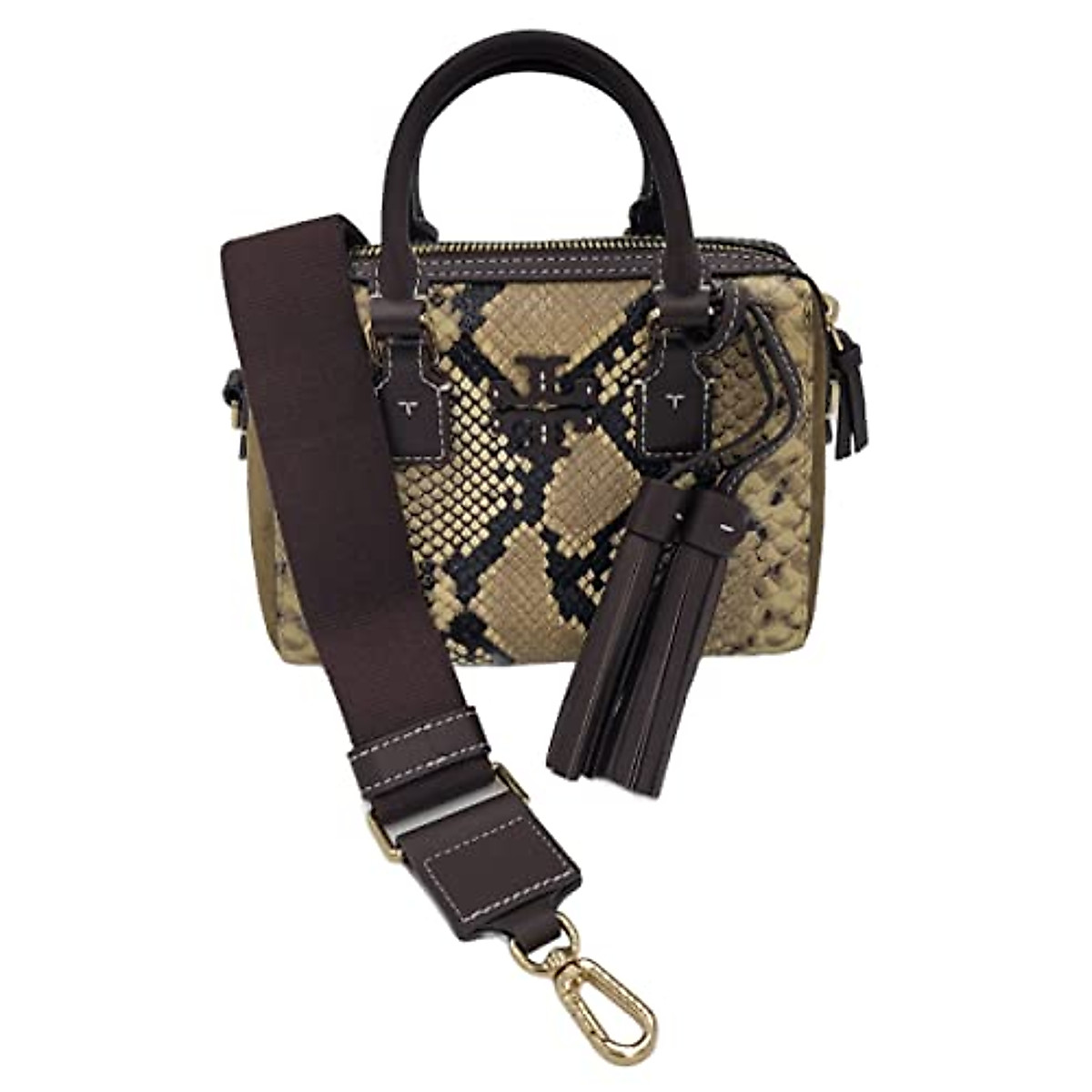 Tory Burch 139405 Thea Exotic Sand Drift Snake Skin Brown With Gold Hardware Women's Mini Web Satchel Bag