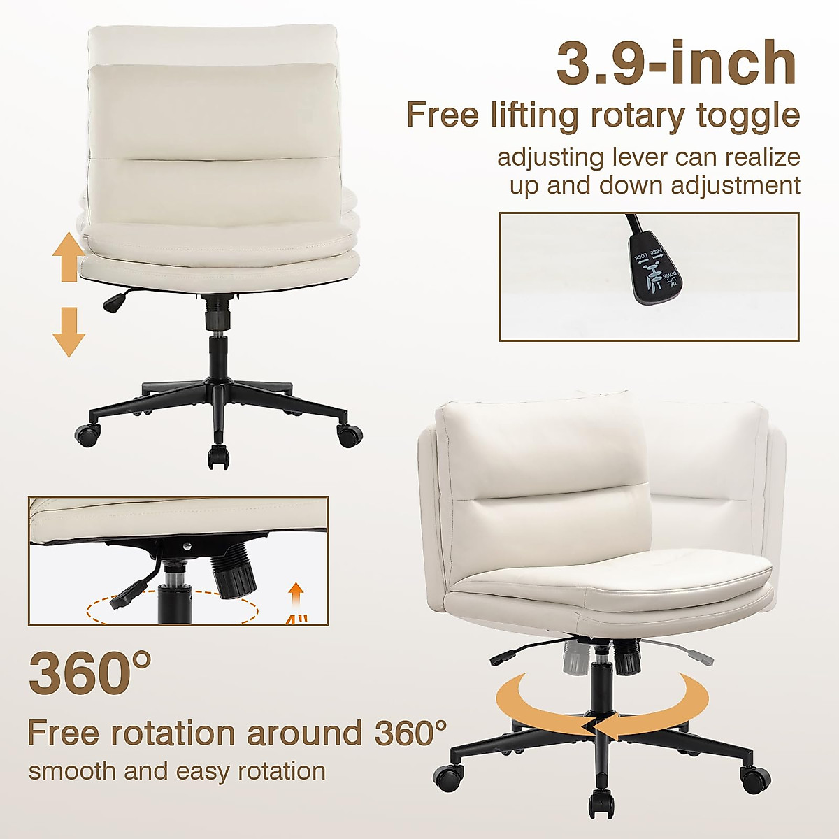 YASHFU Armless Leather Wide Office Desk Chair with Wheels: Cute Criss Cross Chair with Wheels, Leather Comfy Adjustable Swivel Computer Task Chairs for Home, Office,Make Up,Bed Room (Beige)