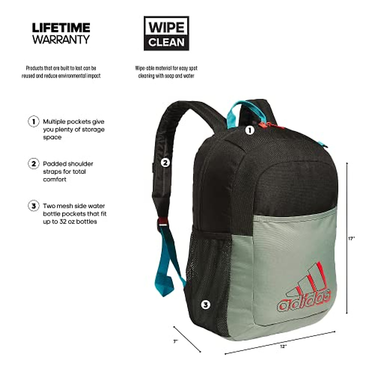 adidas Ready Backpack, Silver Green/Black/Bright Red, One Size