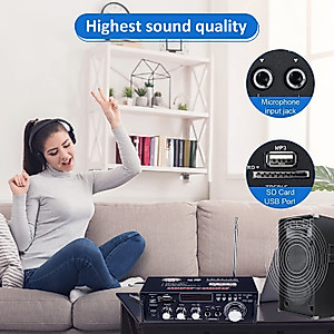 Etlephe 298A Mini Bluetooth 5.0 Stereo Amplifier,Amplifier home Audio,Audio Receiver,300W+300W 2 Channel Power Sound Receiver/USB,SD Card,FM Radio,2 Mic for Home Speakers & Theater System-12V 110V