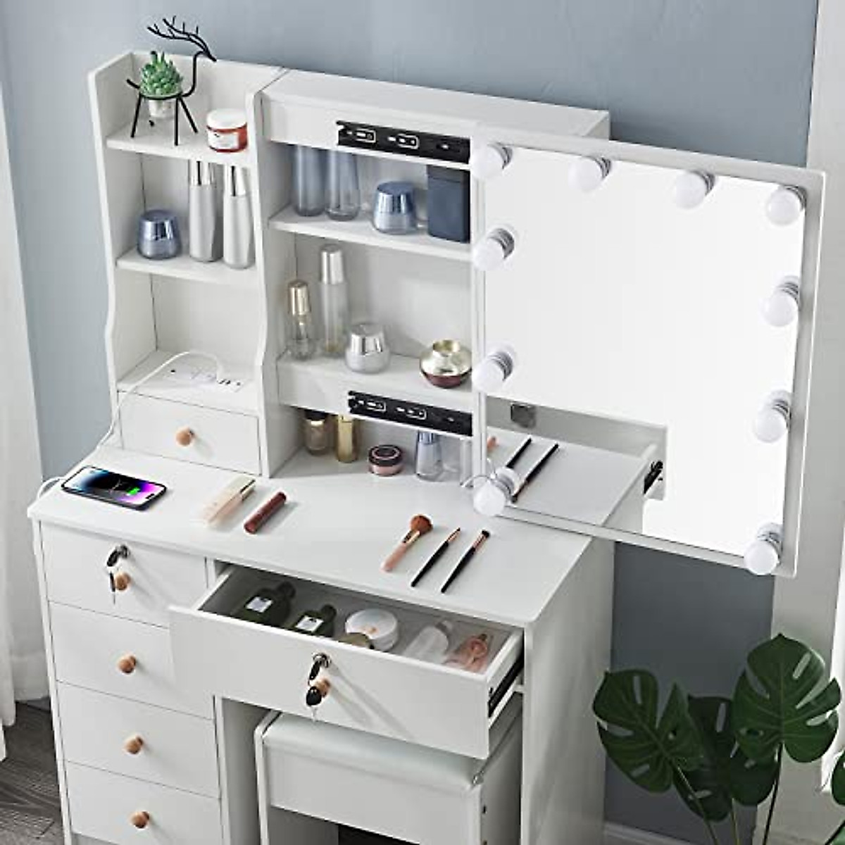 Jansaimei Makeup Vanity with 10 Light Bulbs, Vanity Desk Dressing Table Set with 6 Large Capacity Drawers and Cushion Chair for Bedroom, Vanity for Girls and Women