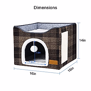 Cat Bed for Indoor Cats, Cat House with Durable Scratching Board and Dangling Toy Ball, Foldable Cat Condo with Reversible Cushions and Large Opening (Coffee)