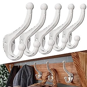 rumdraw Vintage Wall Mount Iron Hooks (Distressed White, Set of 5) for Coats ，Towels，Bags， Hats